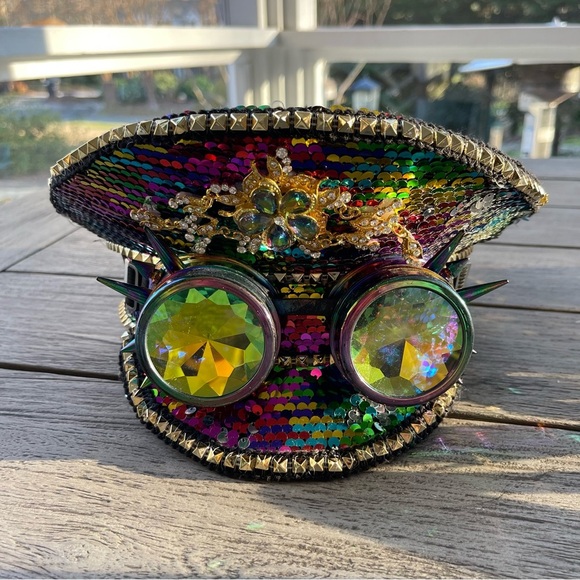 Accessories | Steampunk Rainbow Sequined Captain Hat With Goggles ...